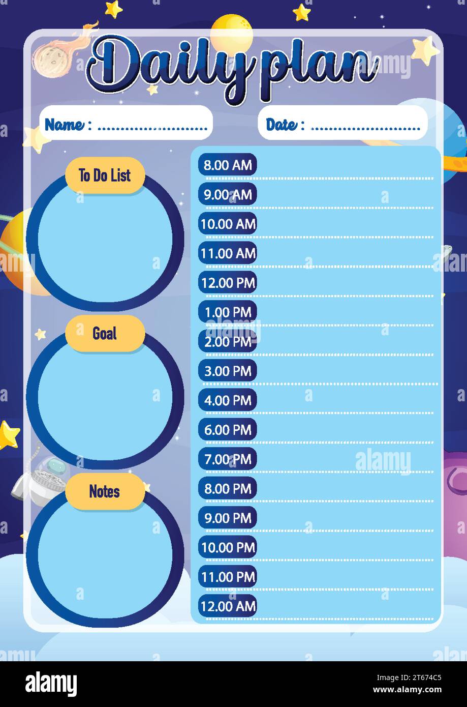 Colorful vector illustration of a daily plan divided by hour against an ...