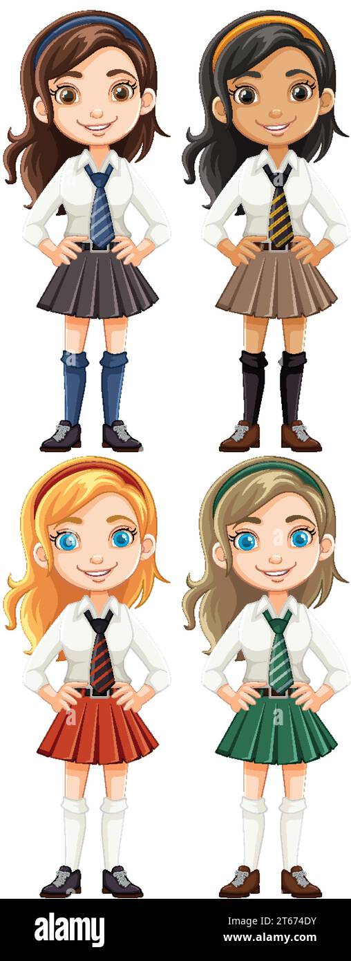 Four beautiful girls with long hair and different hair colors standing ...