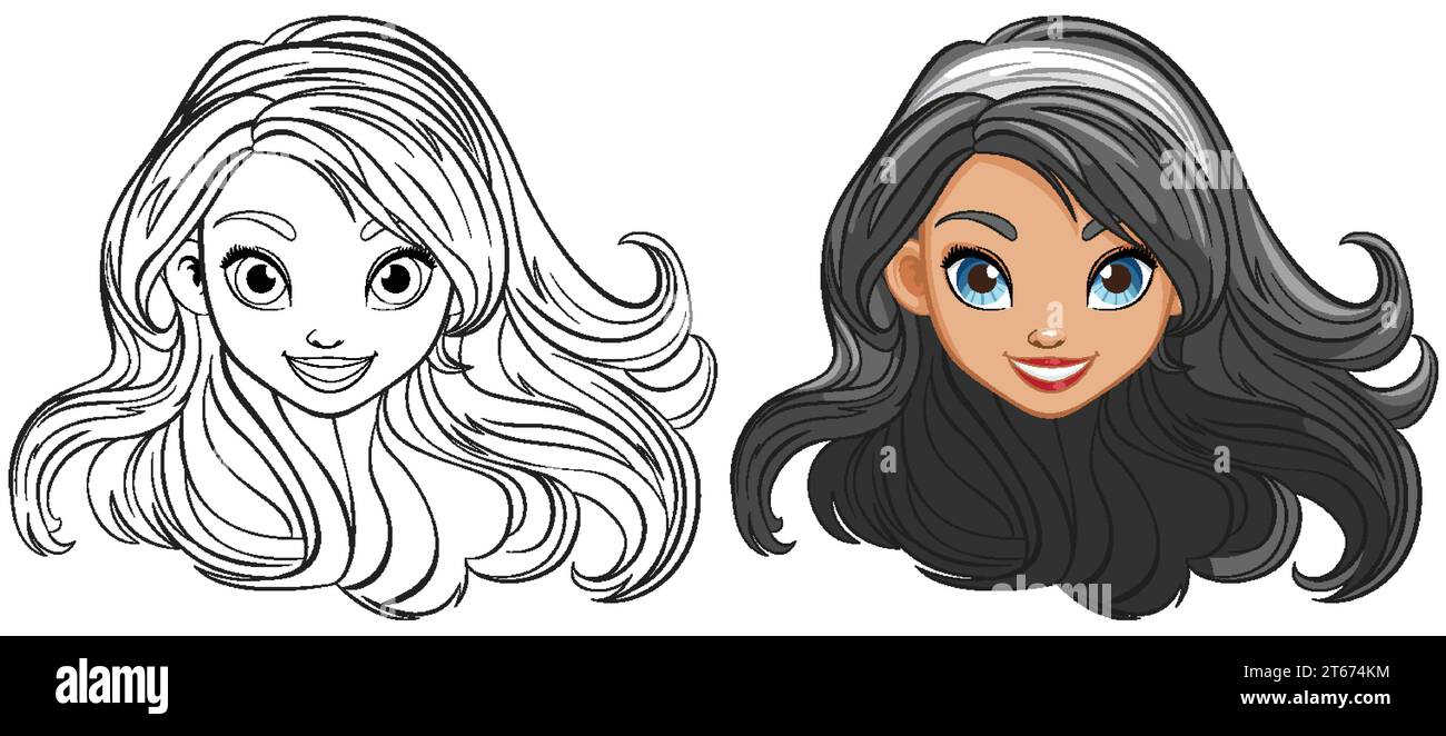 A stunning woman with flowing hair in a doodle-style vector ...
