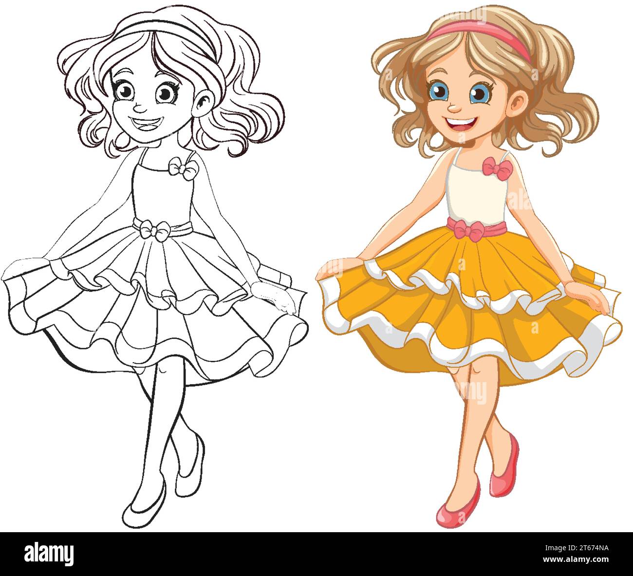 A vector cartoon illustration of a girl in a princess dress, perfect ...
