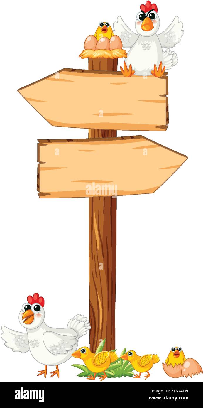 Colorful cartoon illustration of chickens and chicks near a wooden sign ...