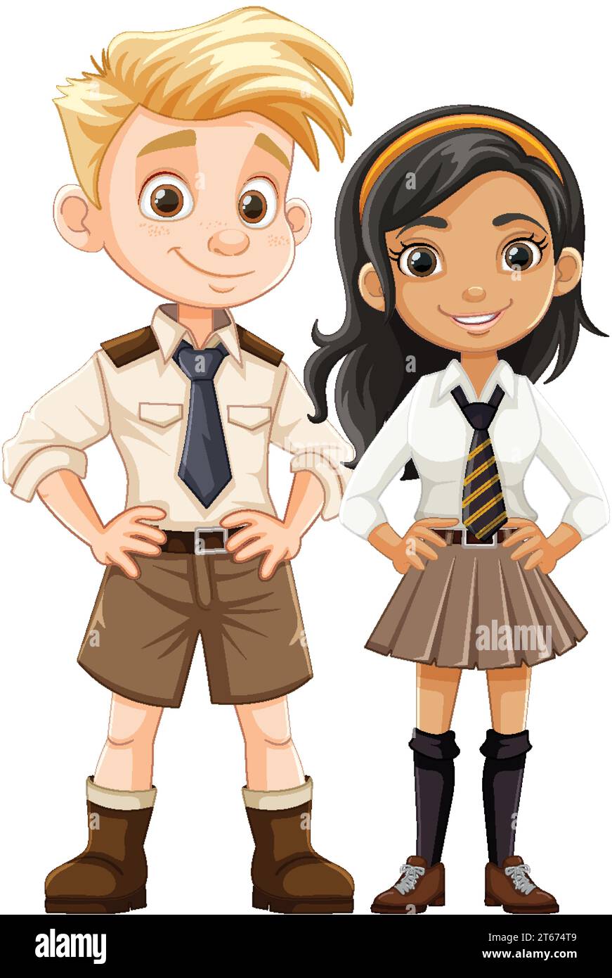 Vector cartoon illustration of two students, a boy and a girl, wearing ...
