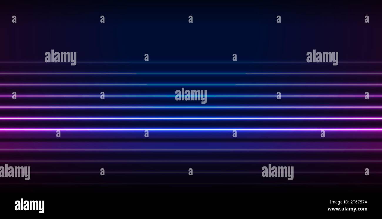 Blue and ultraviolet neon laser lines with reflection. Abstract rays ...