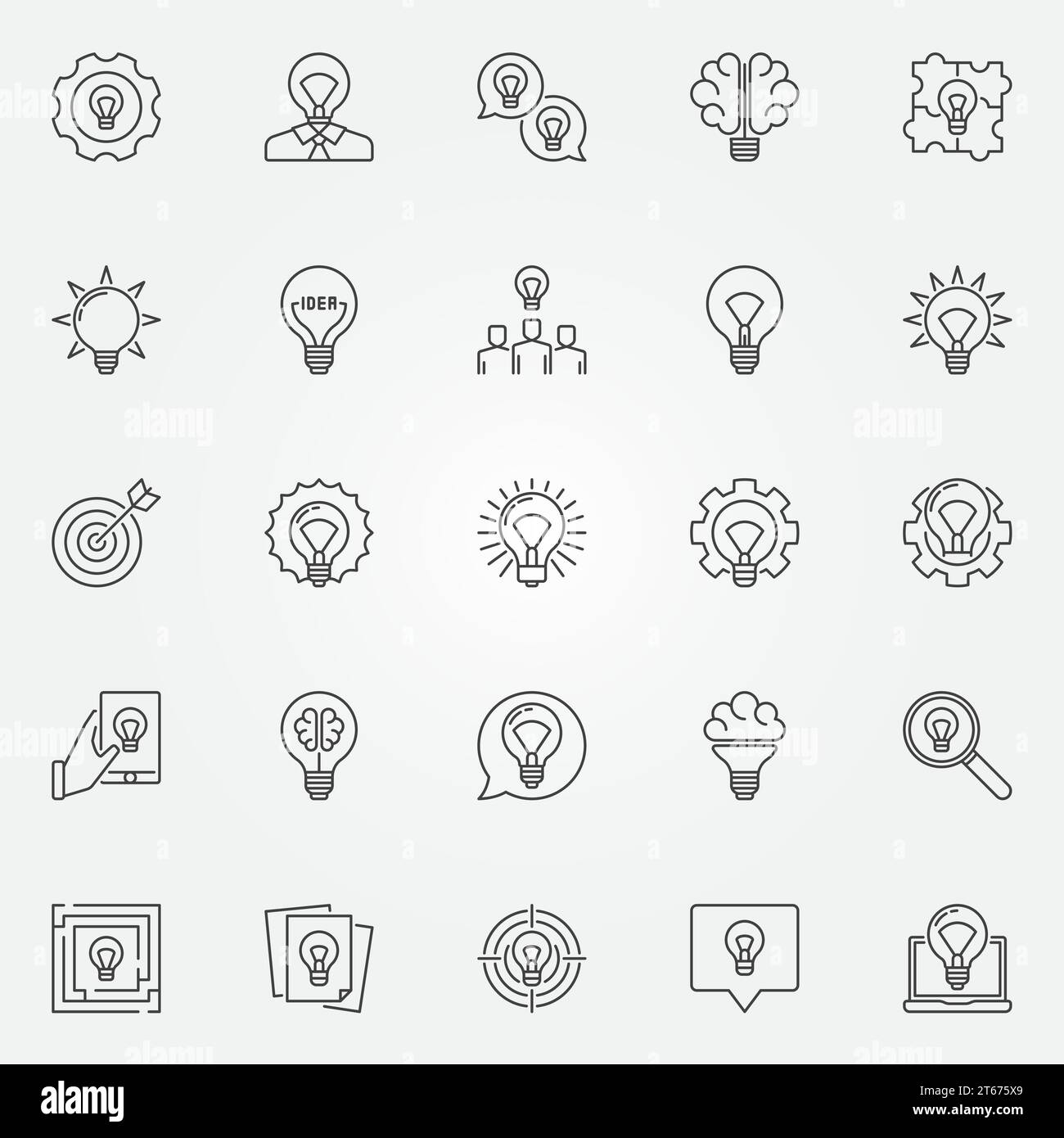 Idea icons set. Vector creative light bulb signs in thin line style ...