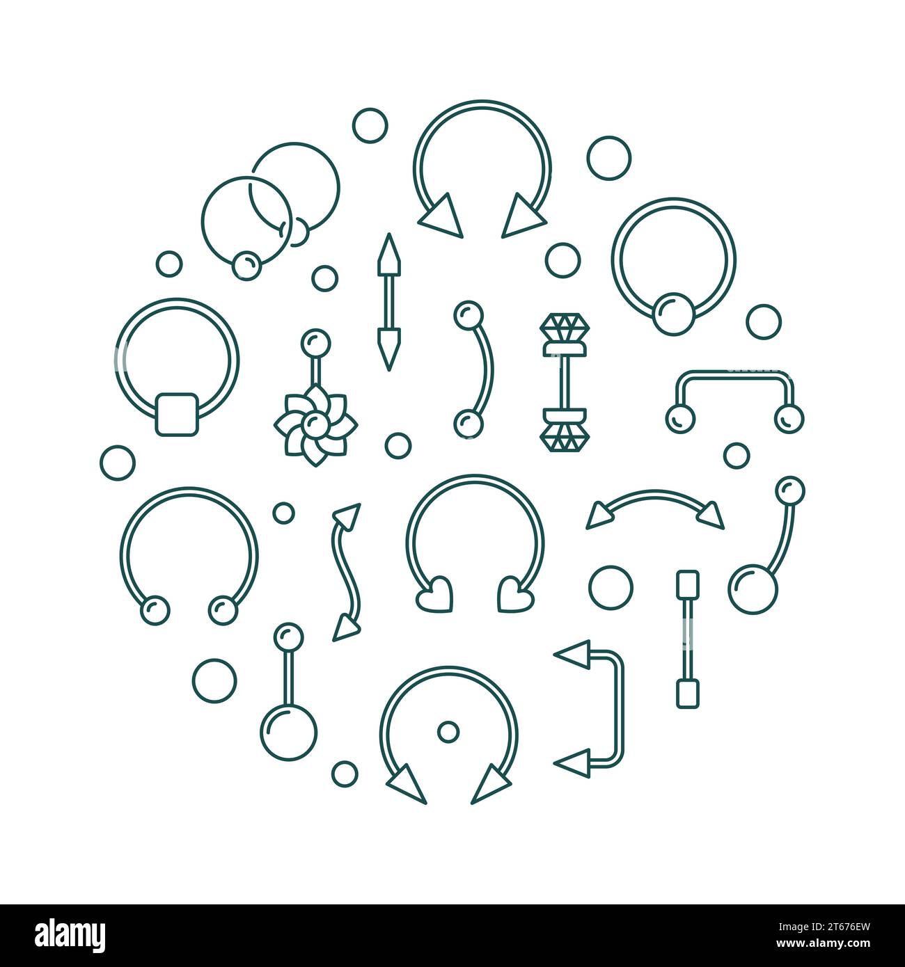 Body piercing circular vector illustration made of body jewelry linear ...