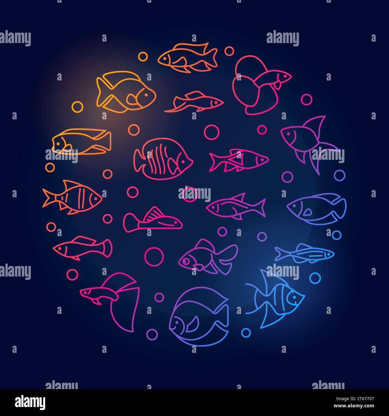Aquarium fish vector round colored illustration in thin line style ...