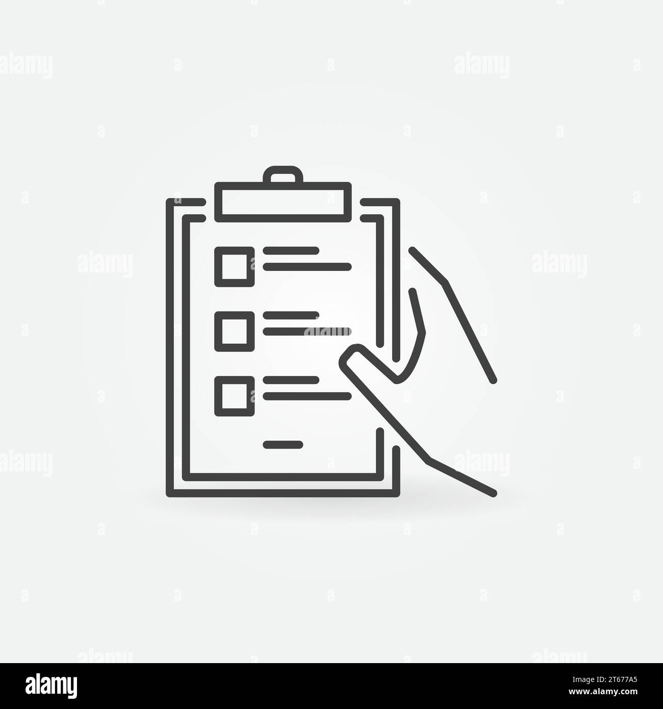 Hand holding clipboard with checklist vector minimal icon or design element in thin line style ...