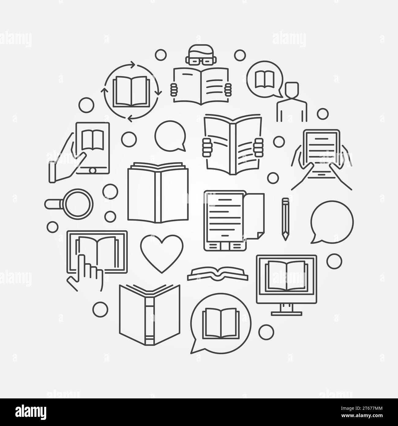 Reading and education round illustration - vector circular outline ...