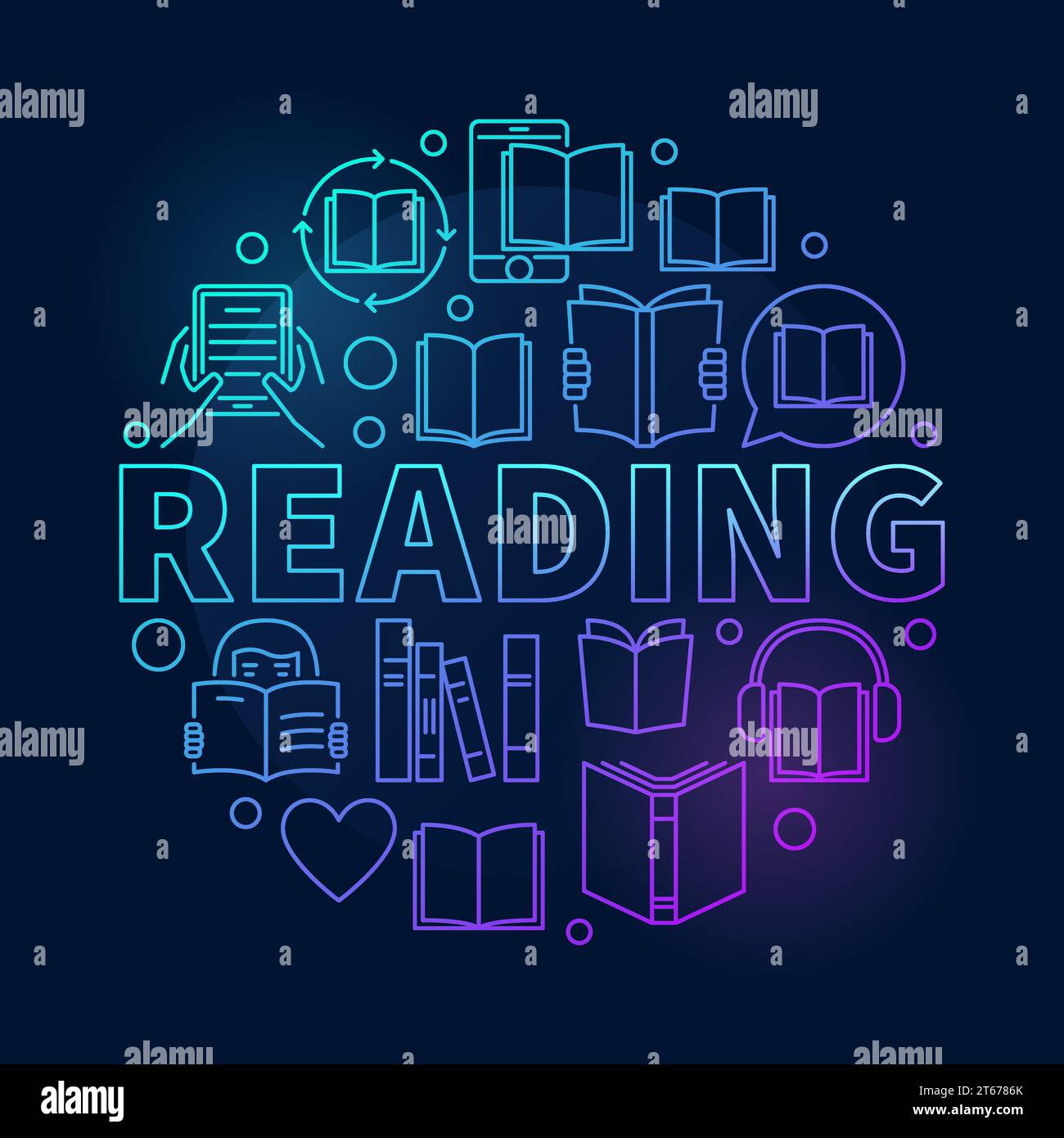 Reading round colorful illustration. Vector read books linear symbol made with word READING and ...