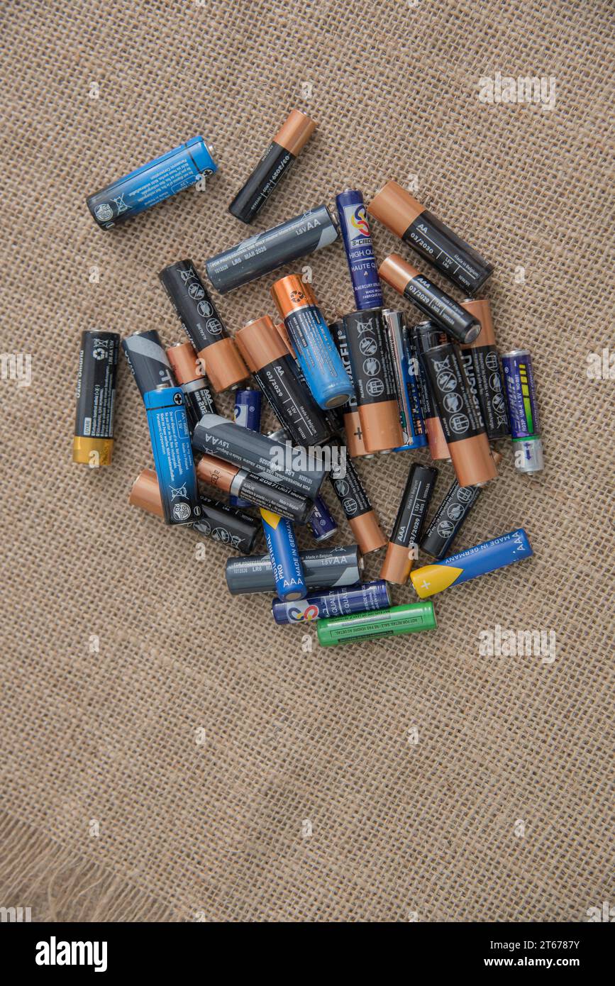 Collection of used batteries. The concept of collecting and disposing ...
