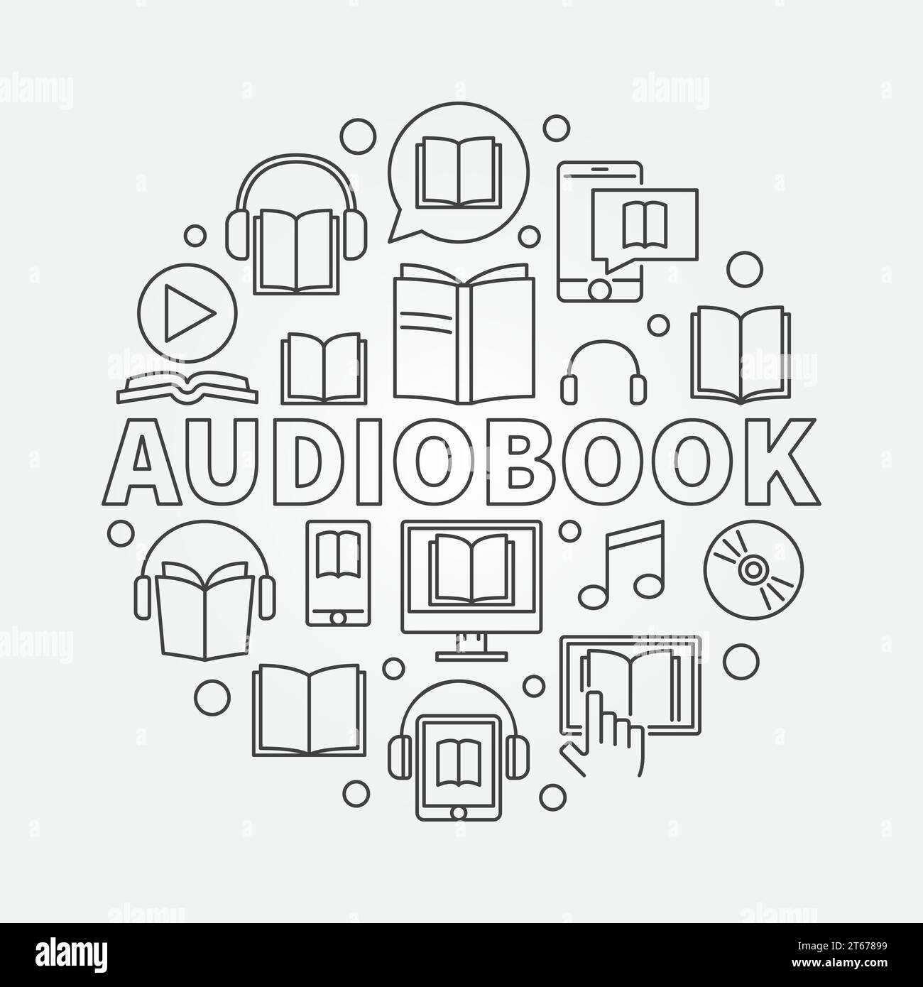 Audio book round illustration - vector concept symbol made with outline ...