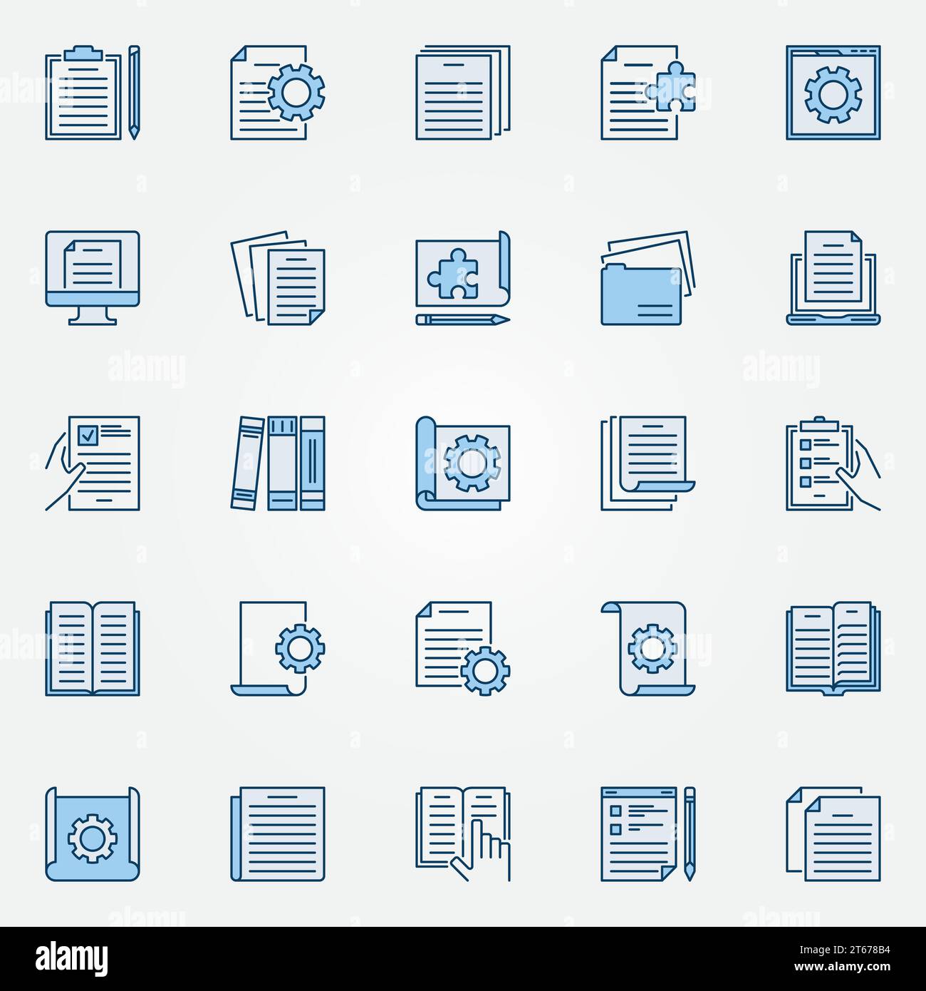 Technical documentation blue icons set - vector document and page with cogwheel creative symbols ...