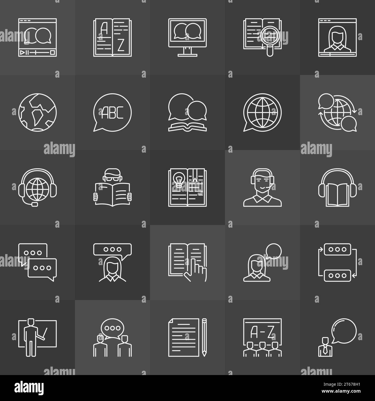 Learning a foreign language icons - vector education linear symbols on dark background Stock ...
