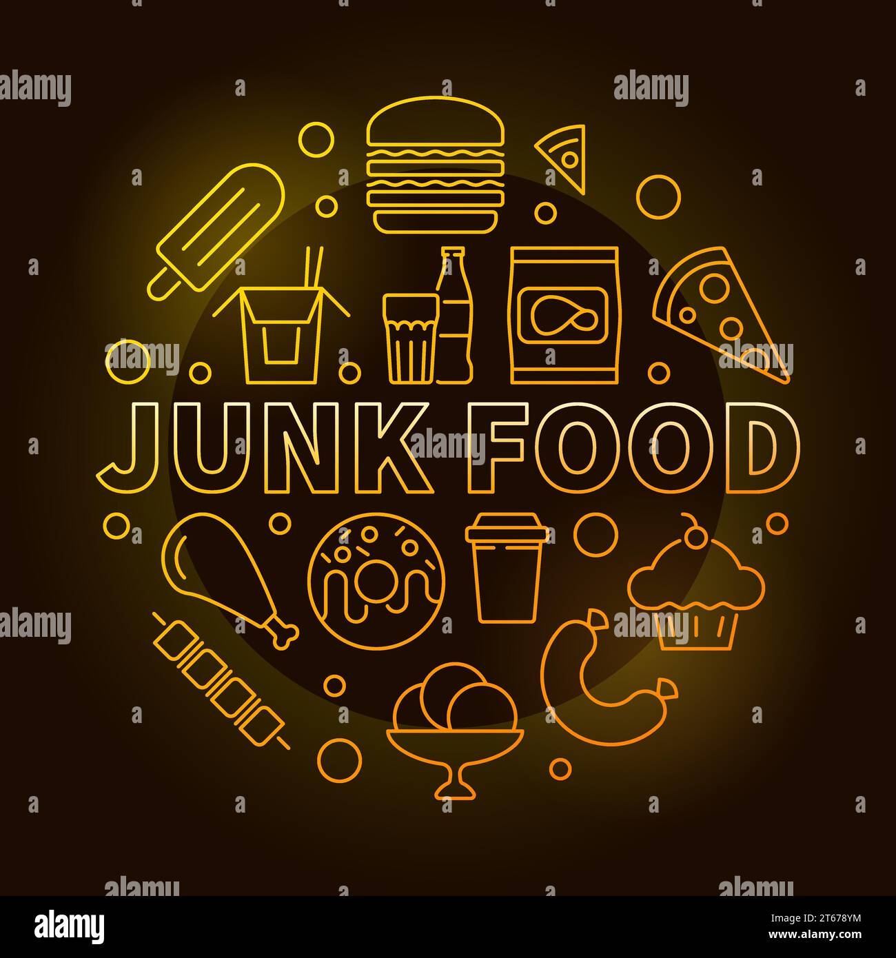 Junk food round yellow illustration. Vector unhealthy food creative ...
