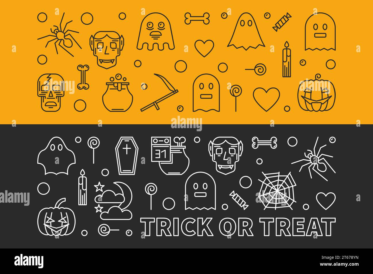 Halloween banners. Vector outline concept horizontal 31 oct Holiday ...