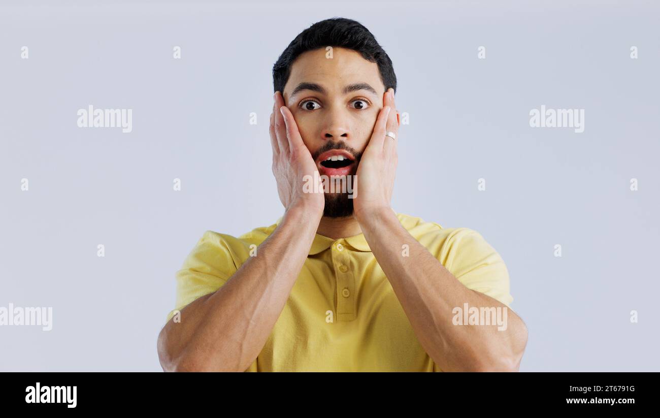 Portrait, man and surprise with announcement, news and expression on a ...