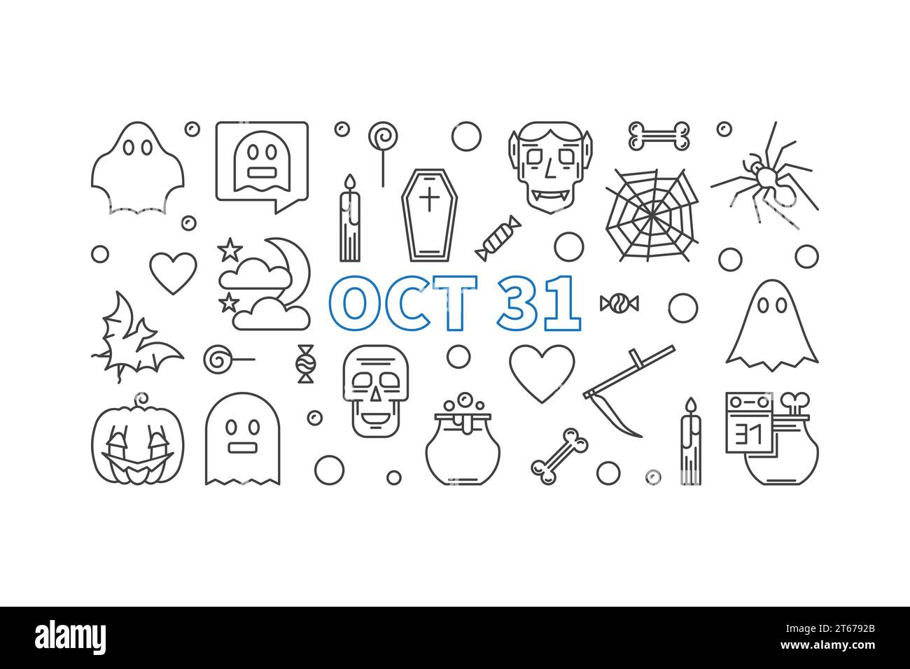 Oct 31 Holiday horizontal outline illustration. Vector Halloween poster ...