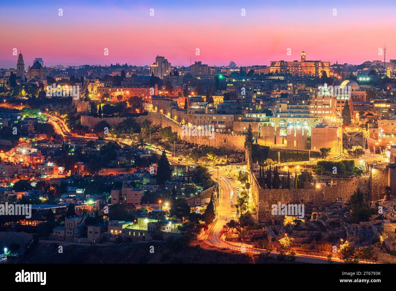 Scenic view of the Jewish Quarter of the Old City of Jerusalem at dusk ...