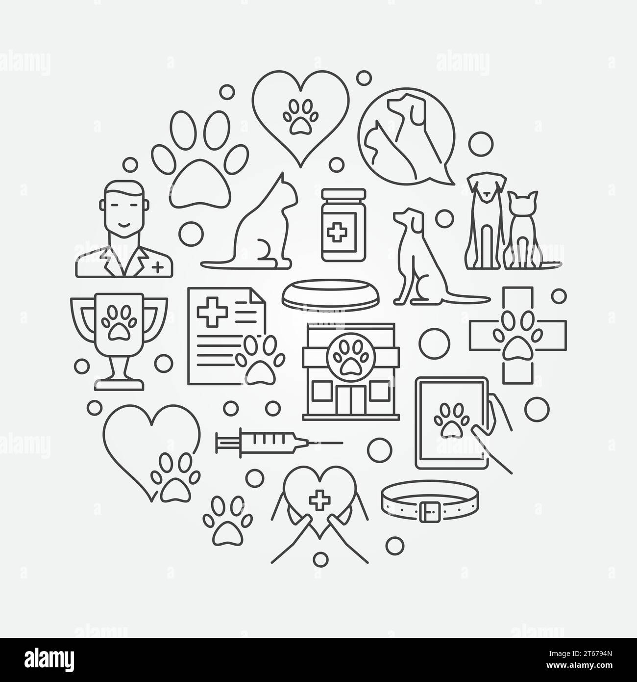 Pet care round illustration. Vector outline veterinary concept sign ...