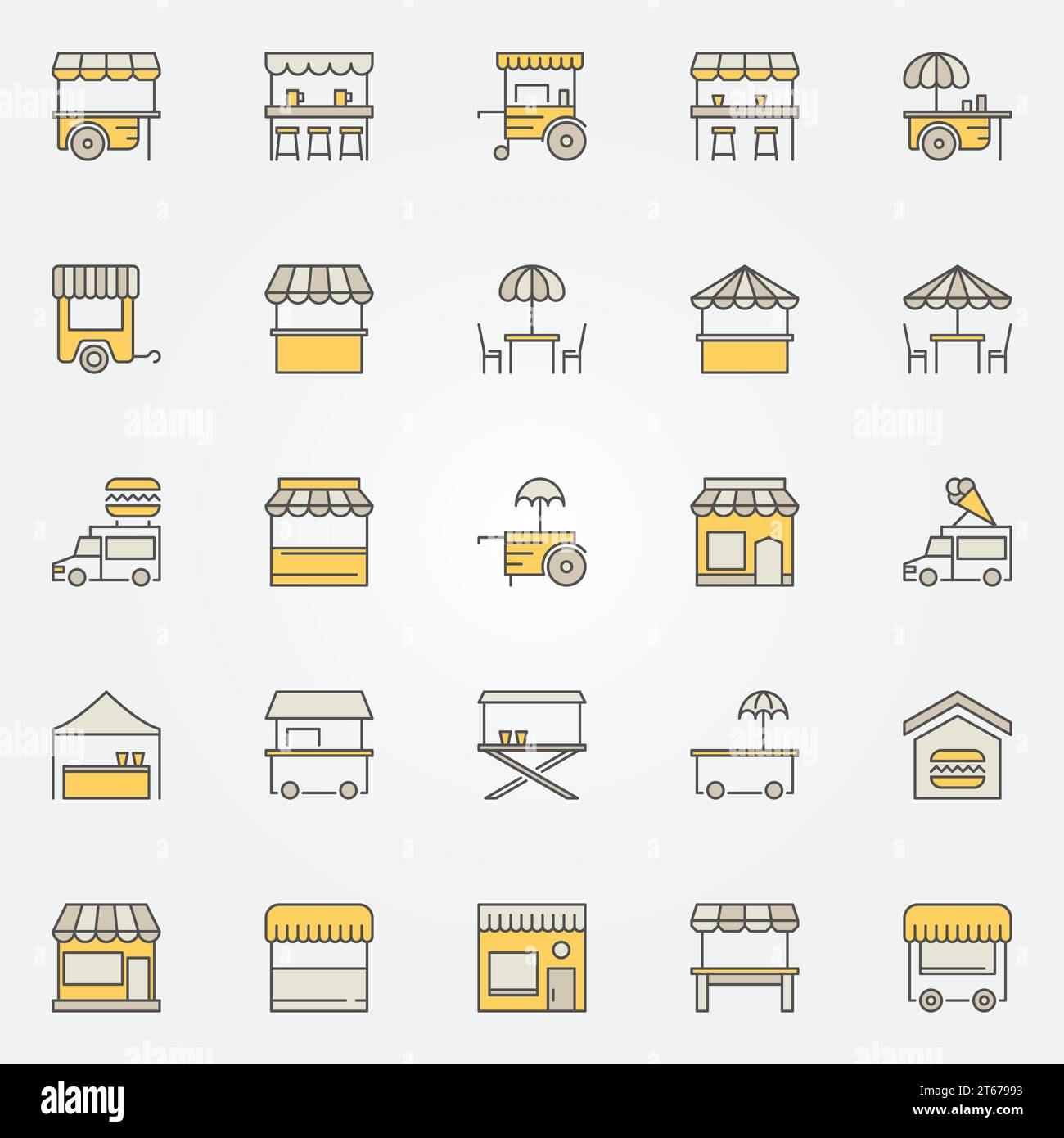 Street food colorful icons. Vector food cart, market stall, food truck ...