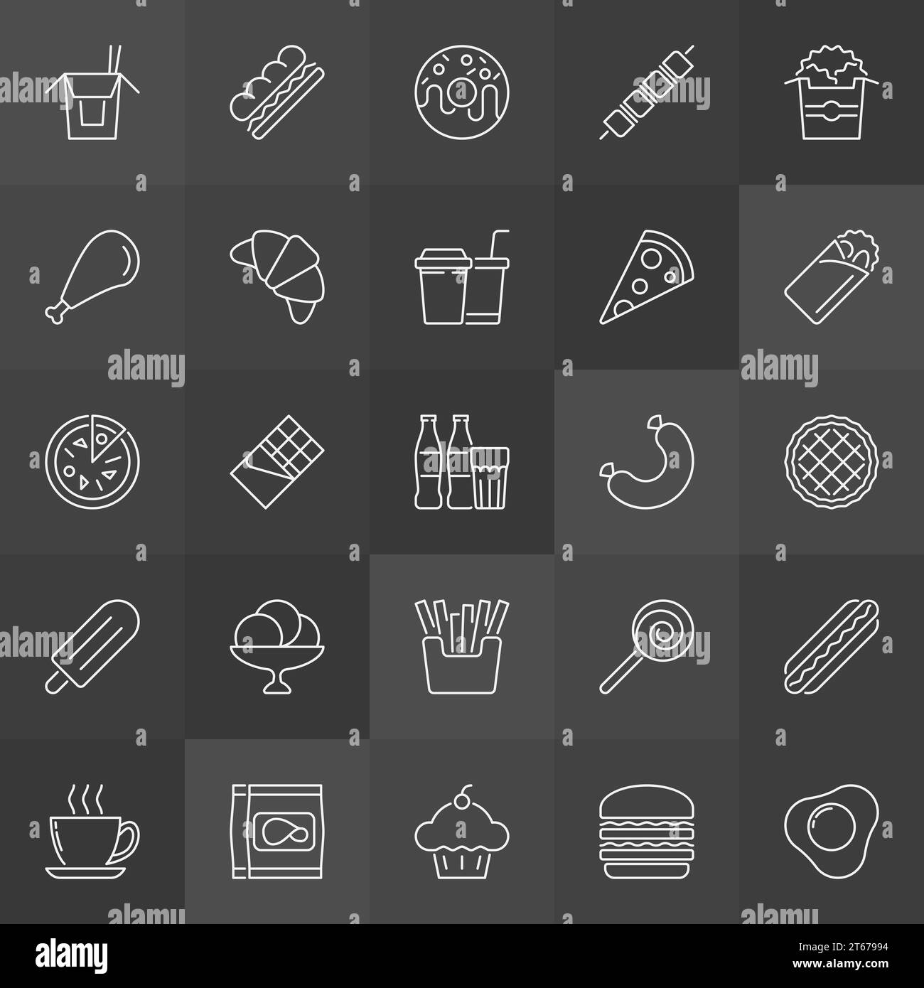 Unhealthy junk food outline icons set. Vector Fast Food minimal linear ...