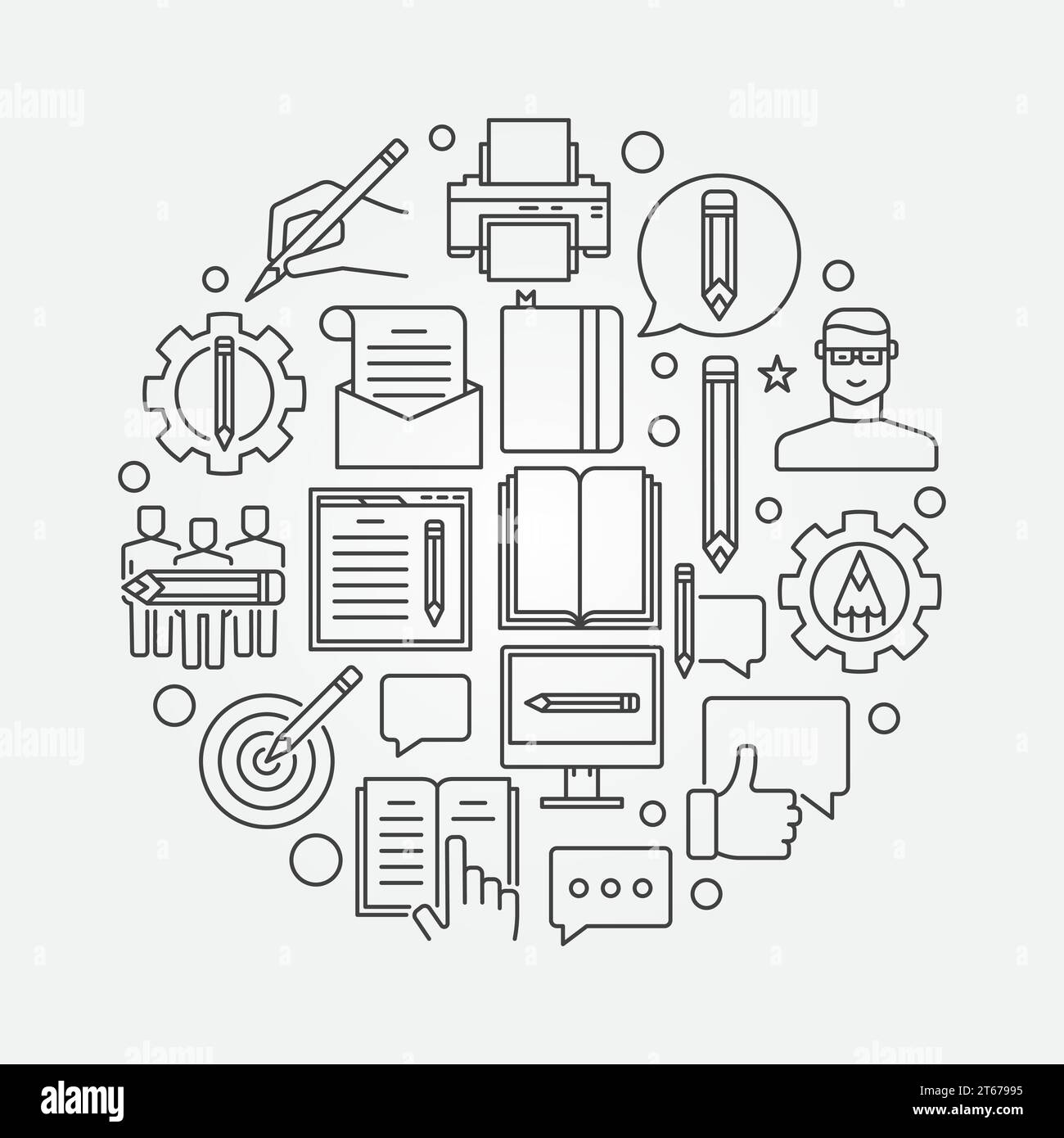 Blogging round linear illustration. Vector round copywriting sign in ...