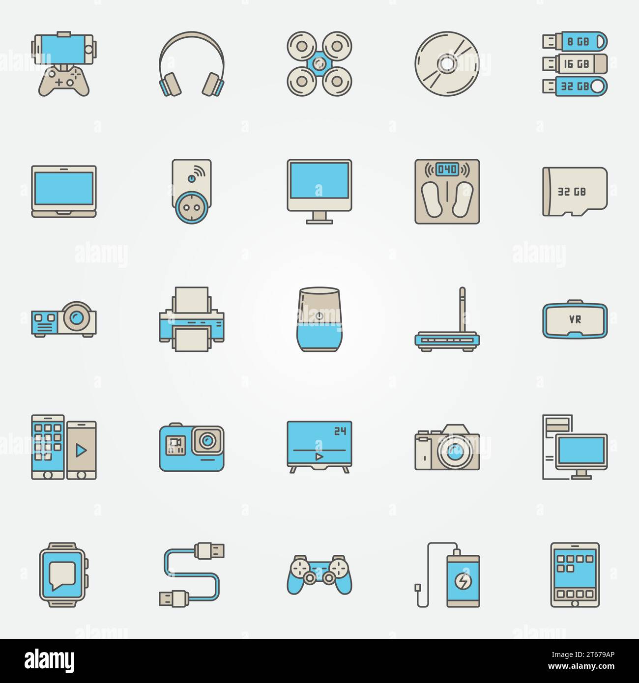 Devices colorful icons. Vector quadrocopter, smartwatch, clocks, smart ...