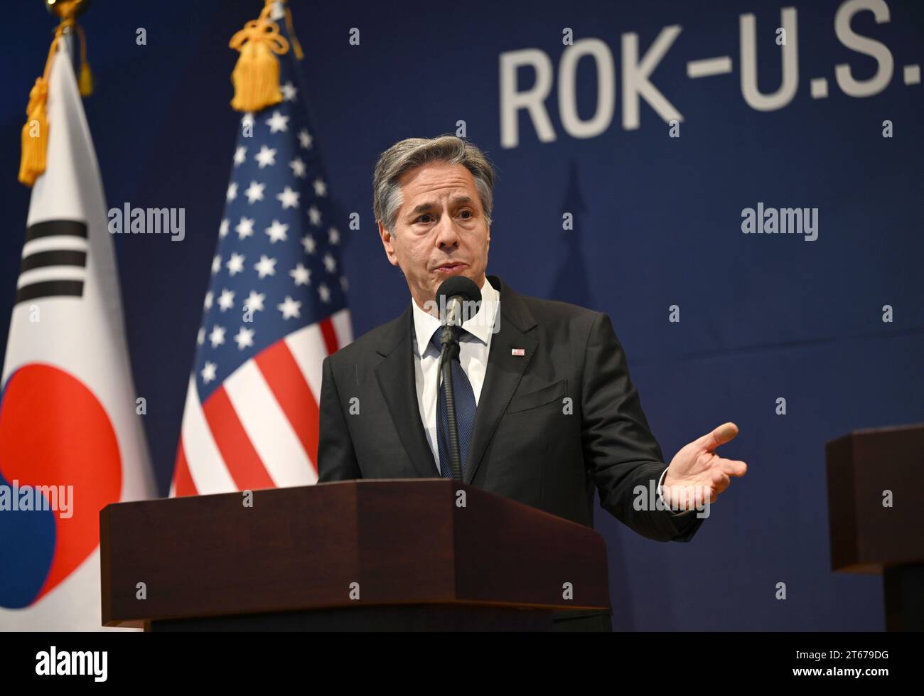 U.S. Secretary of State Antony Blinken speaks during a joint news ...