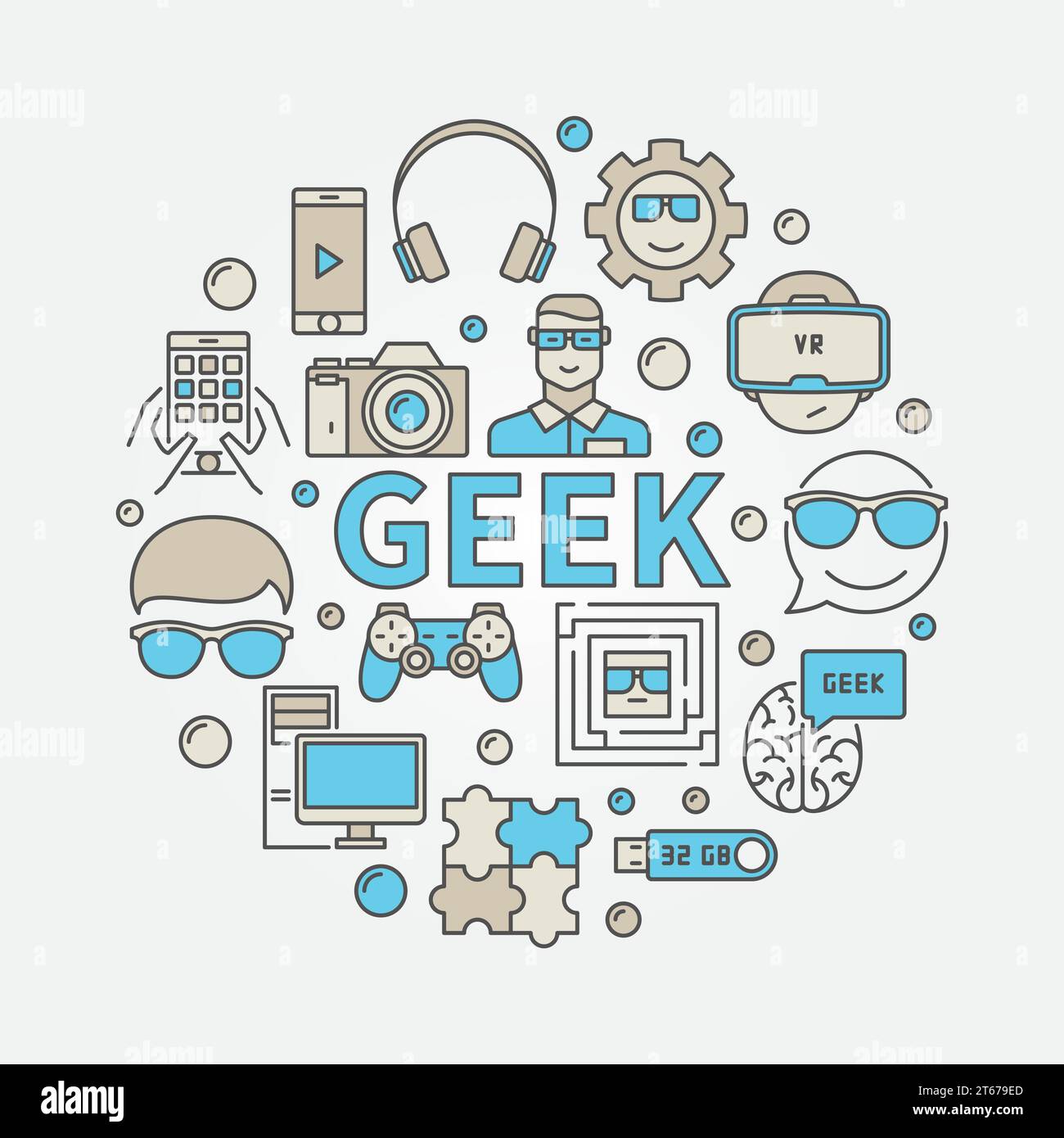Geek round colorful illustration. Vector circular nerd symbol made with ...
