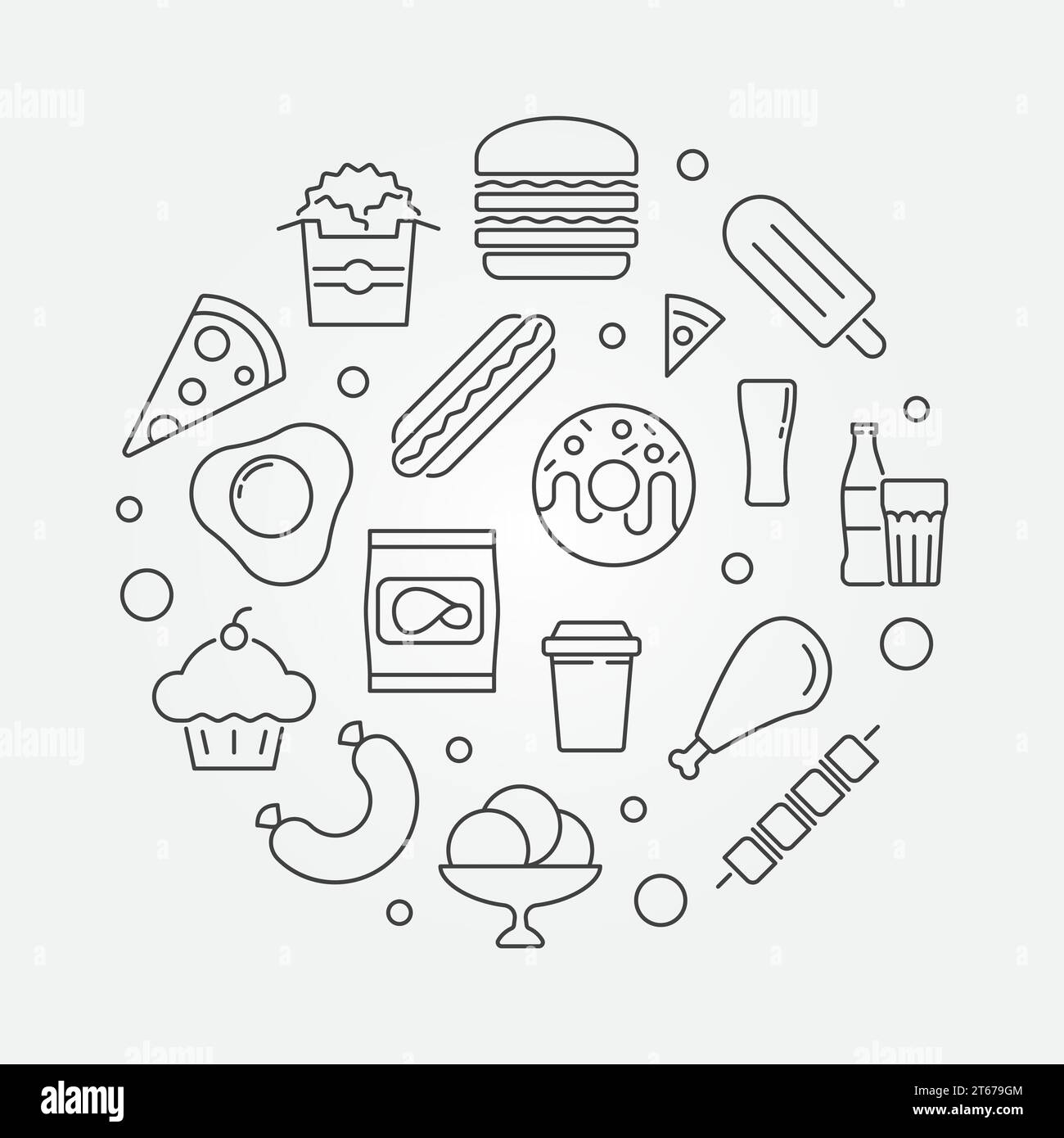 Junk food circular outline illustration - vector symbol made with hot ...
