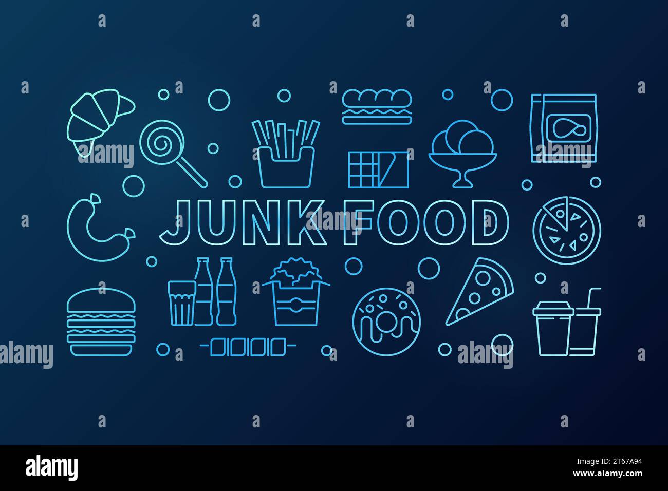 Junk food blue horizontal banner. Vector unhealthy food concept linear ...