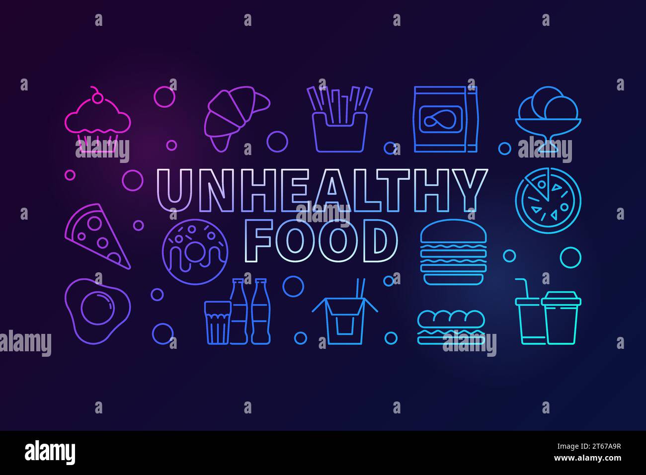 Unhealthy food colored vector outline banner or illustration on dark ...