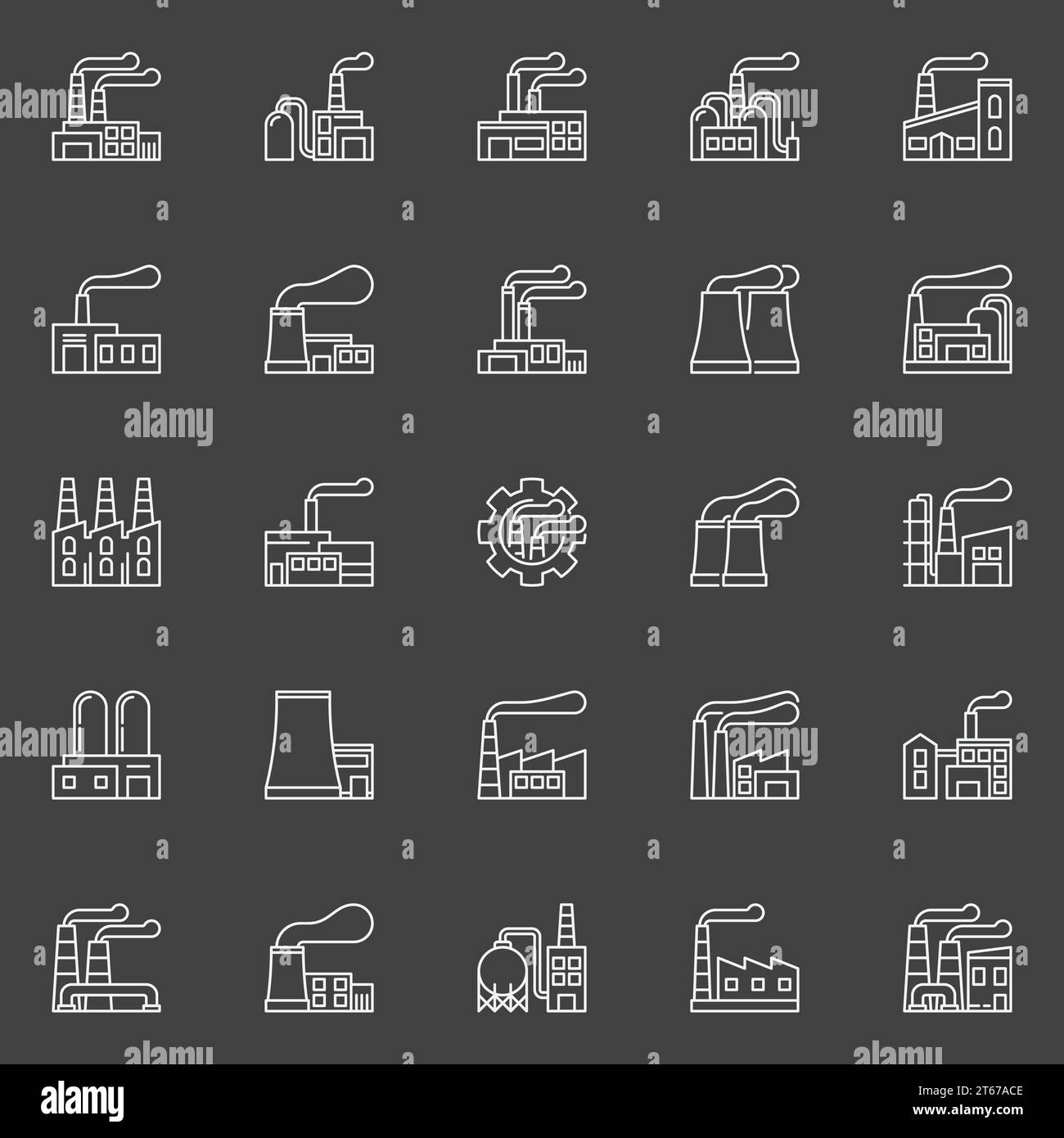 Factory buildings icons. Vector collection of outline factories symbols ...