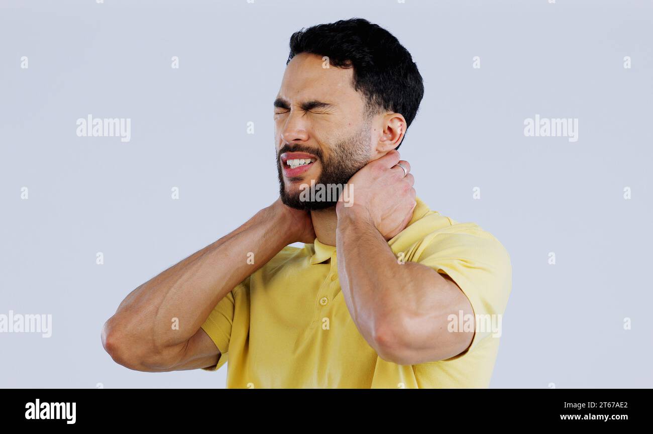Neck pain, stress and man in studio with tired joints, arthritis risk ...