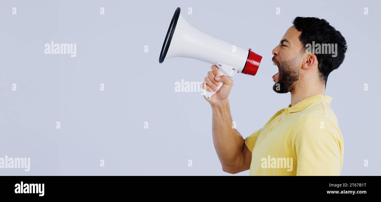 Man, megaphone and studio profile in space, mockup and shout for rally ...