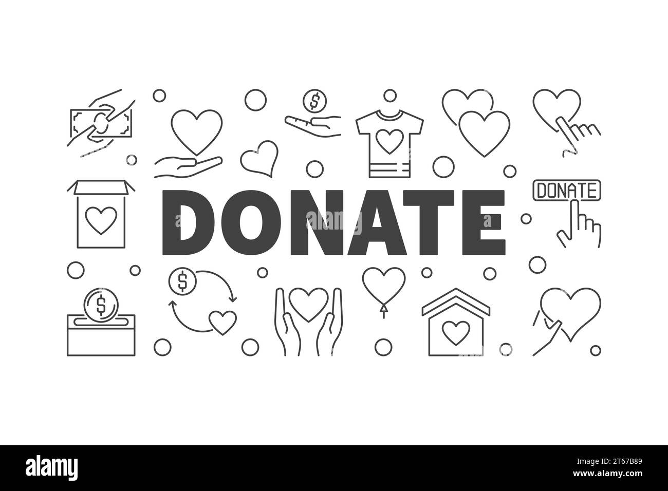 Vector donate horizontal banner or illustration made with charity and ...