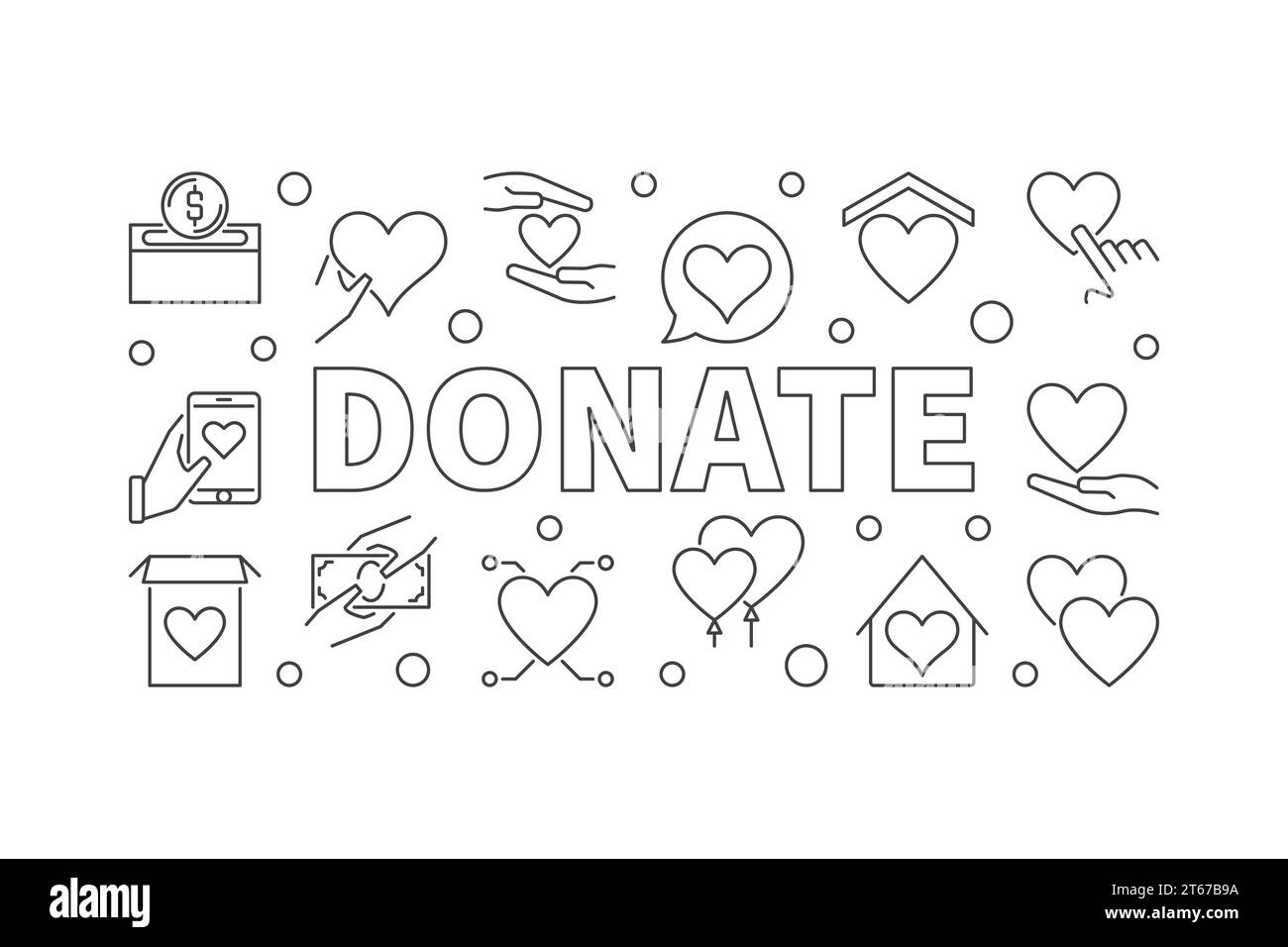 Donate outline horizontal illustration. Vector charity and donation ...