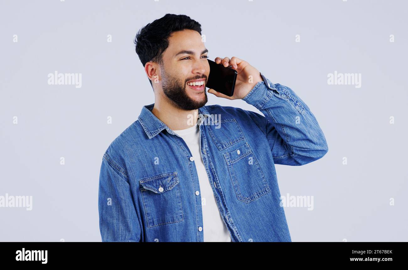 Man, phone call and communication in studio for contact, networking and ...