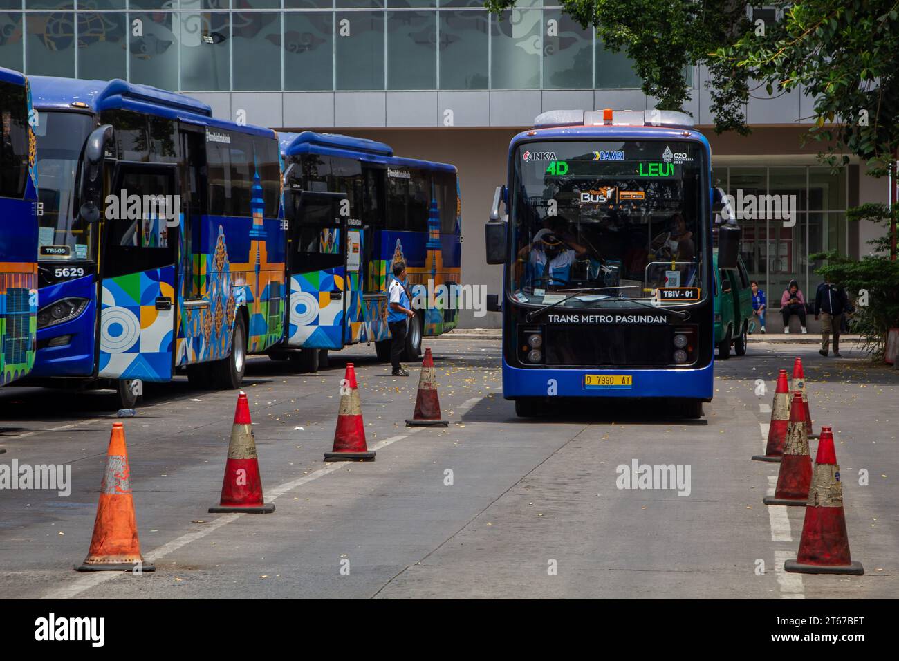 Bandung, West Java, Indonesia. 9th Nov, 2023. Electric buses are seen ...
