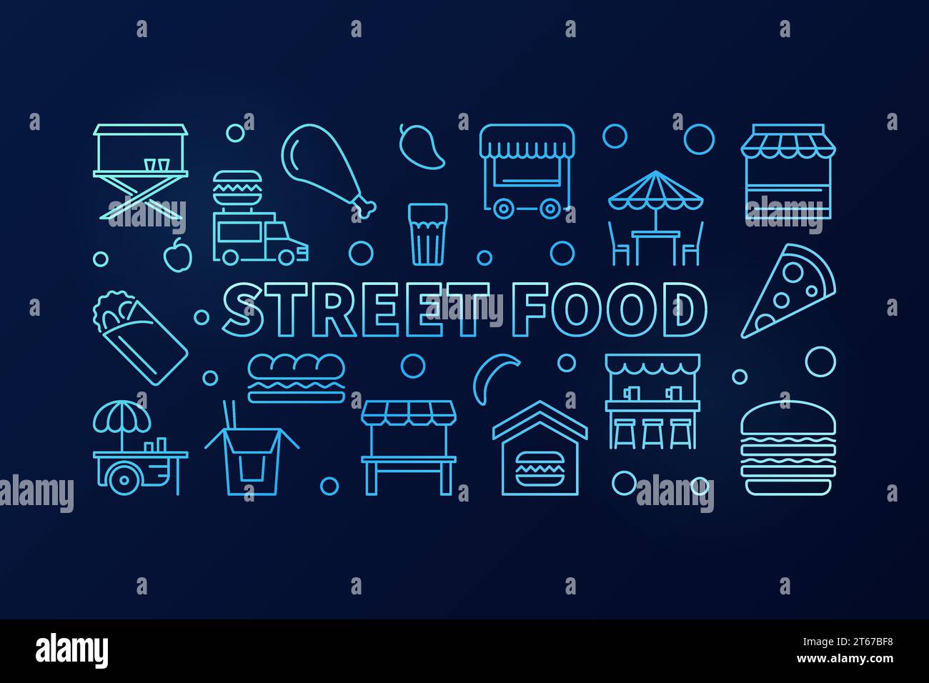 Street food blue horizontal banner. Vector concept outline illustration ...
