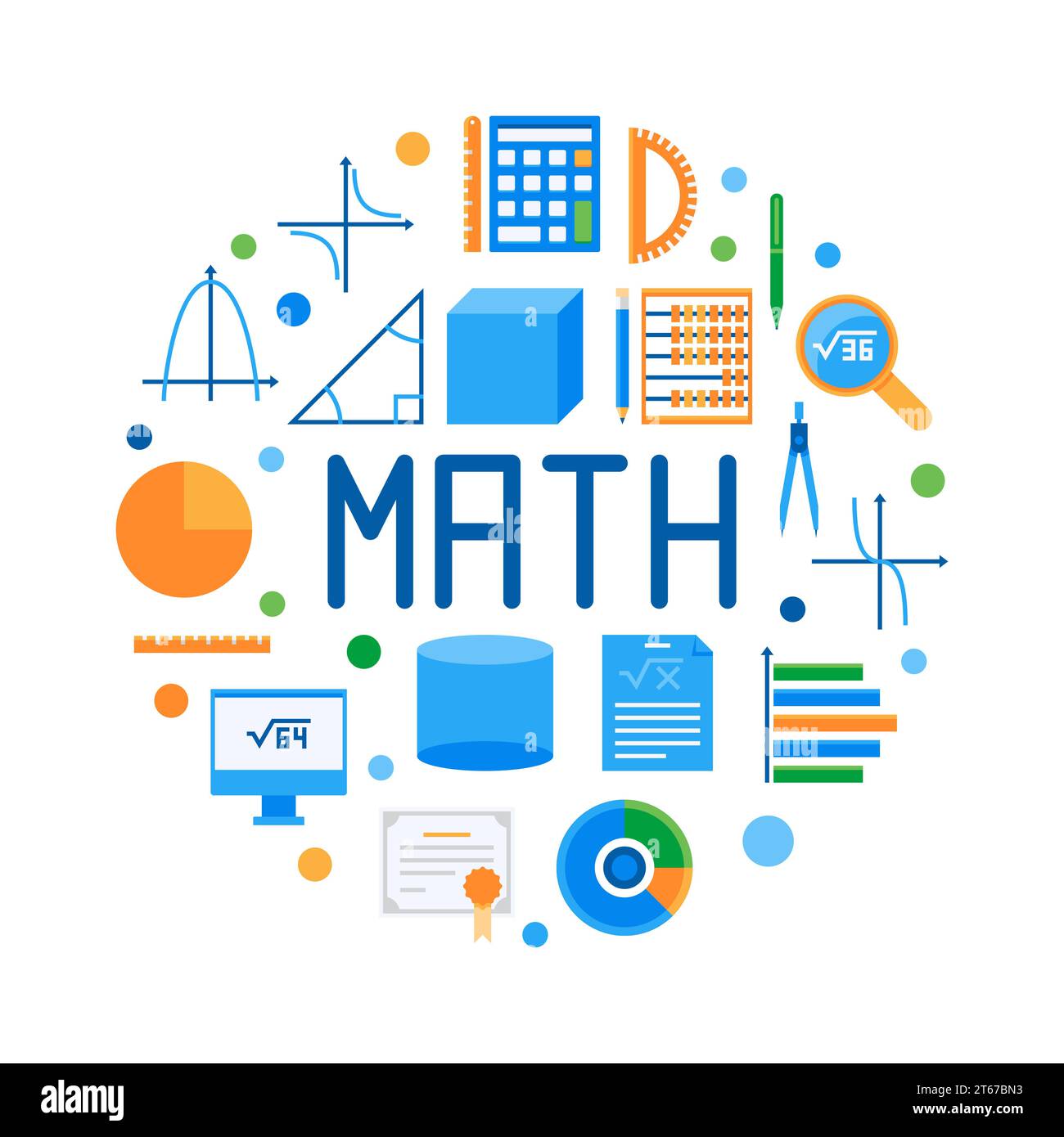 Math round flat vector modern illustration. Colorful mathematics symbol on white background ...