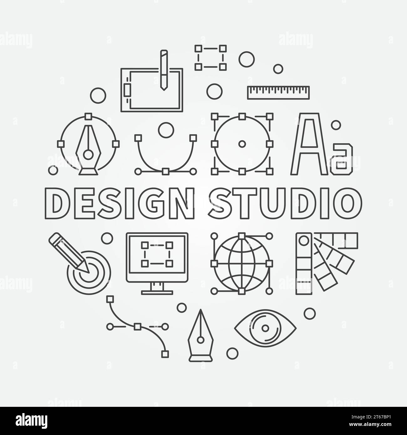 Design studio round vector concept illustration in thin line style ...