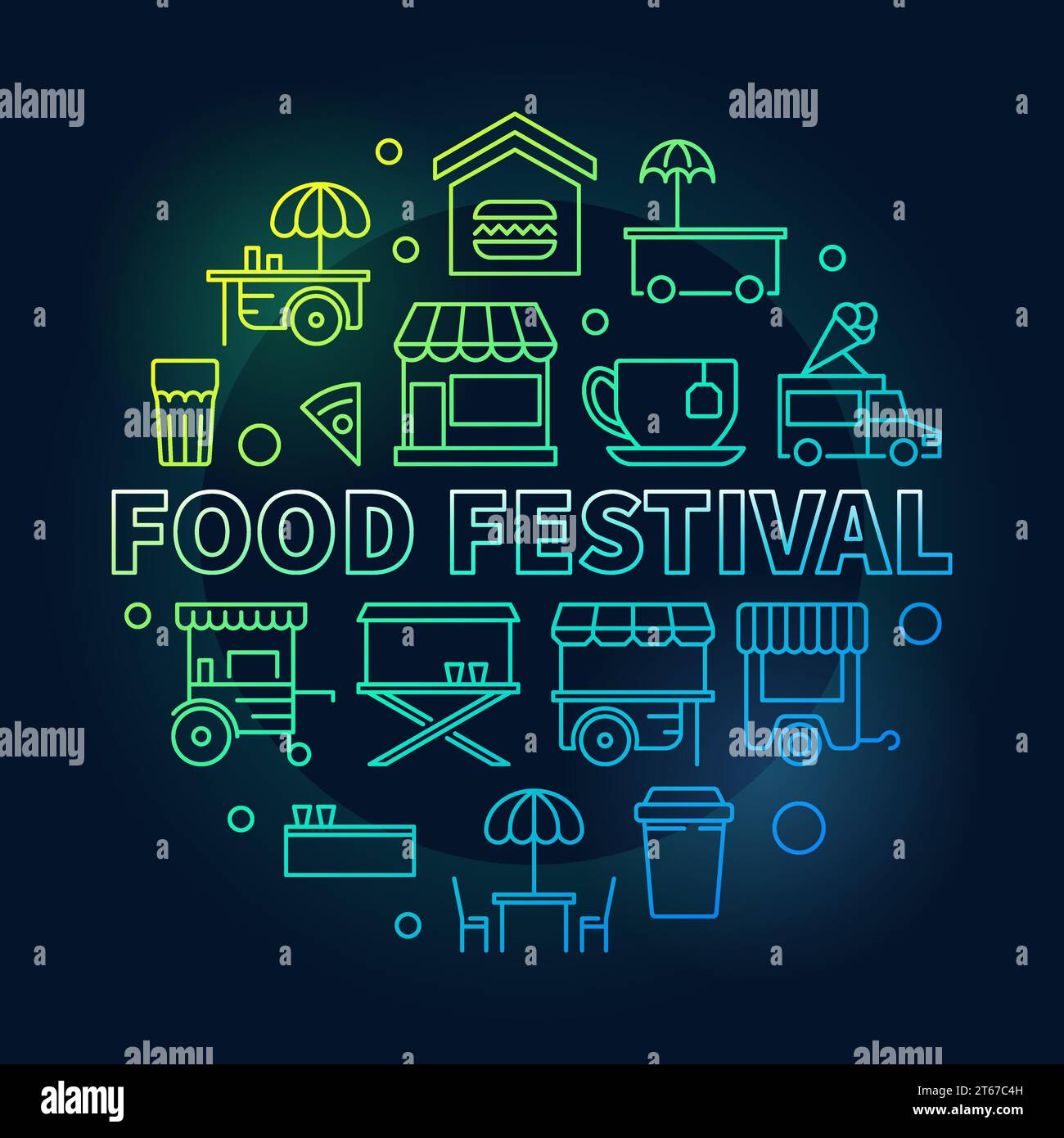 Colored food festival vector linear illustration. Round street food ...