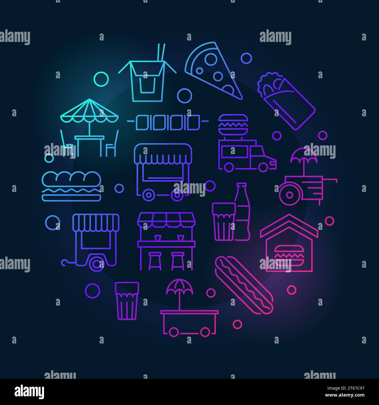 Street food festival colored round vector linear illustration on dark ...