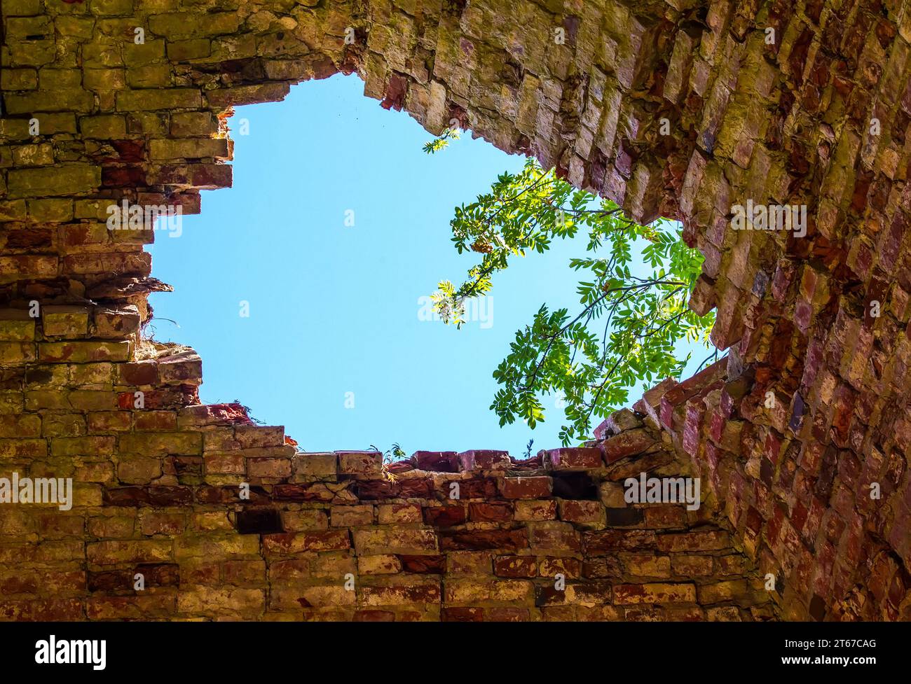Through the ruined domed vault, one can see the sky and a green ...