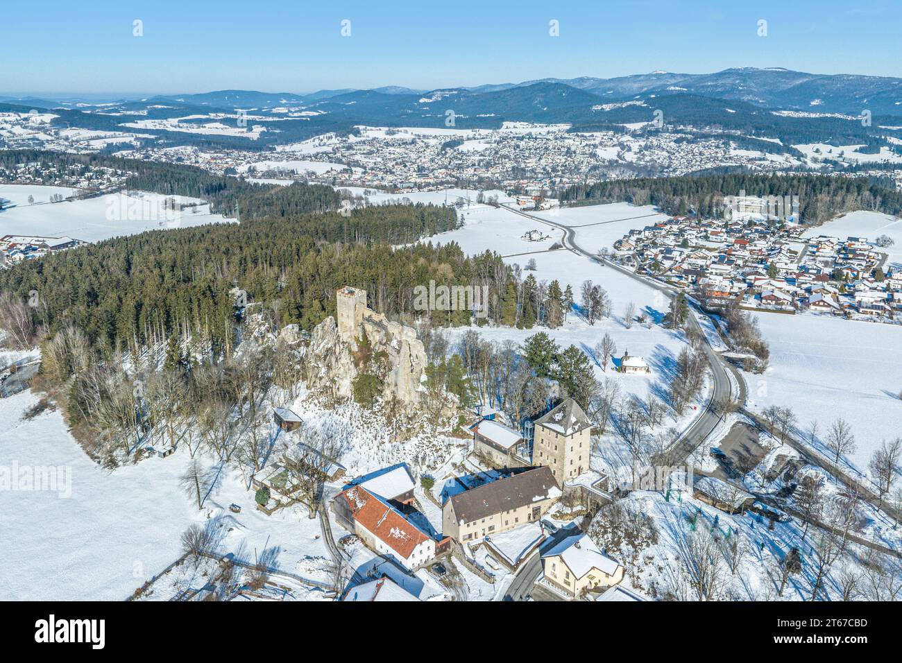 Aerial view to the beautiful wintry nature around the old castle of ...