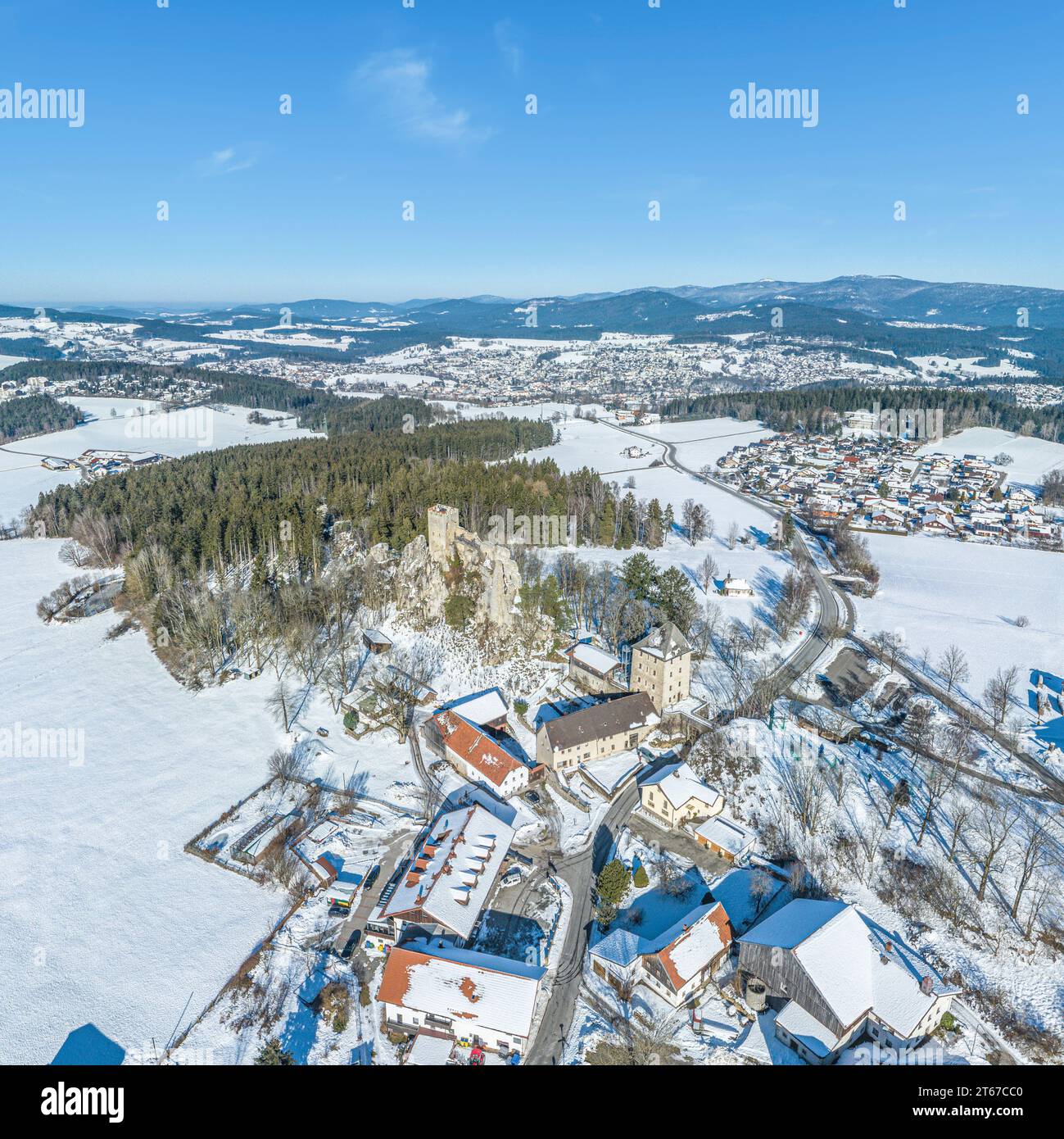 Aerial view to the beautiful wintry nature around the old castle of ...