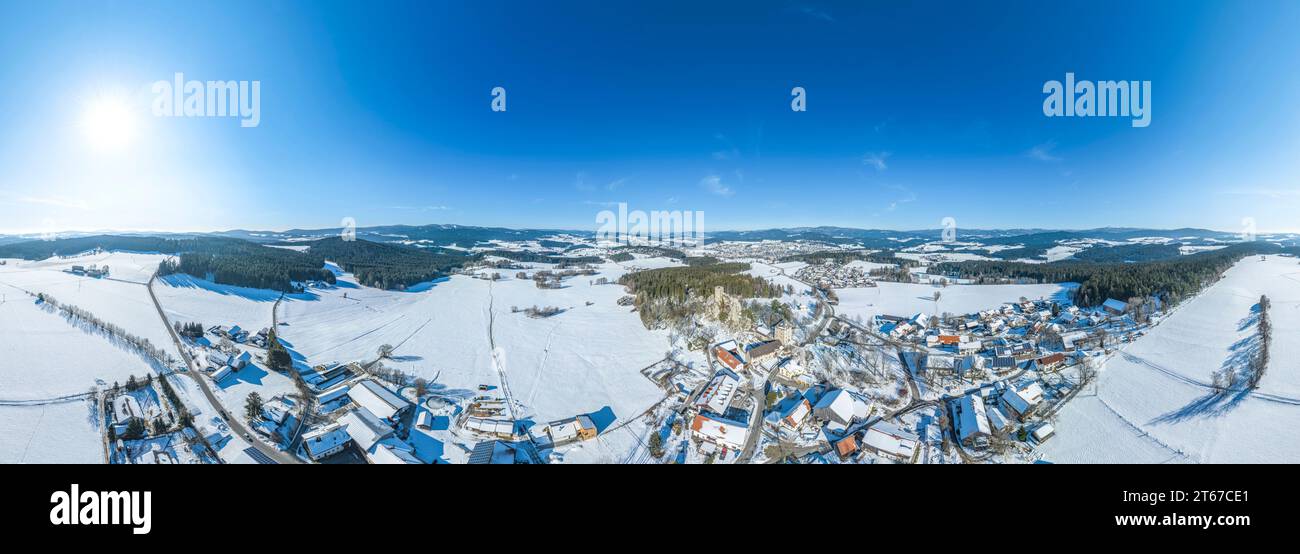 Aerial view to the beautiful wintry nature around the old castle of ...