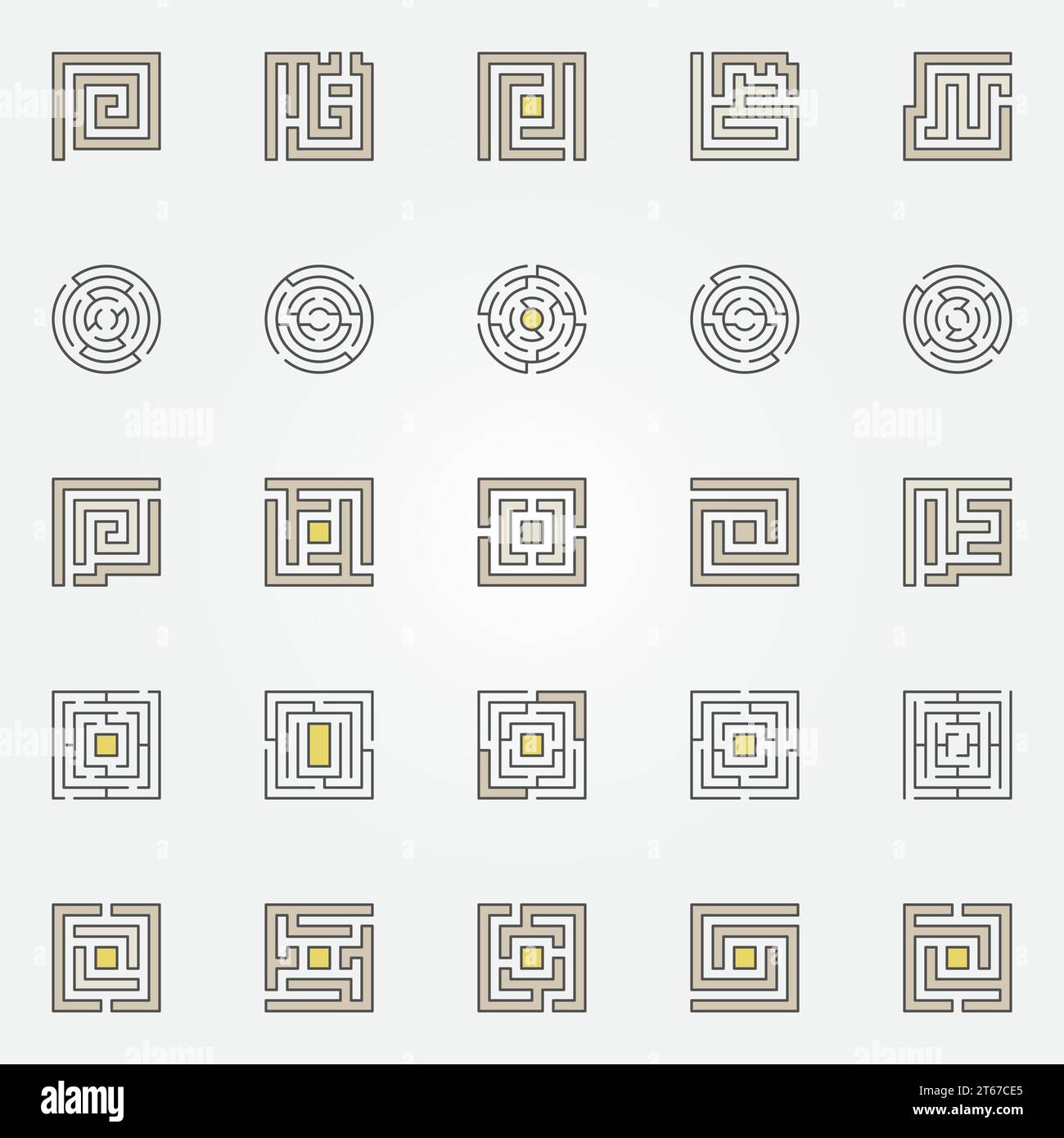 Labyrinth icons set. Vector colorful and thin line maze concept symbols ...