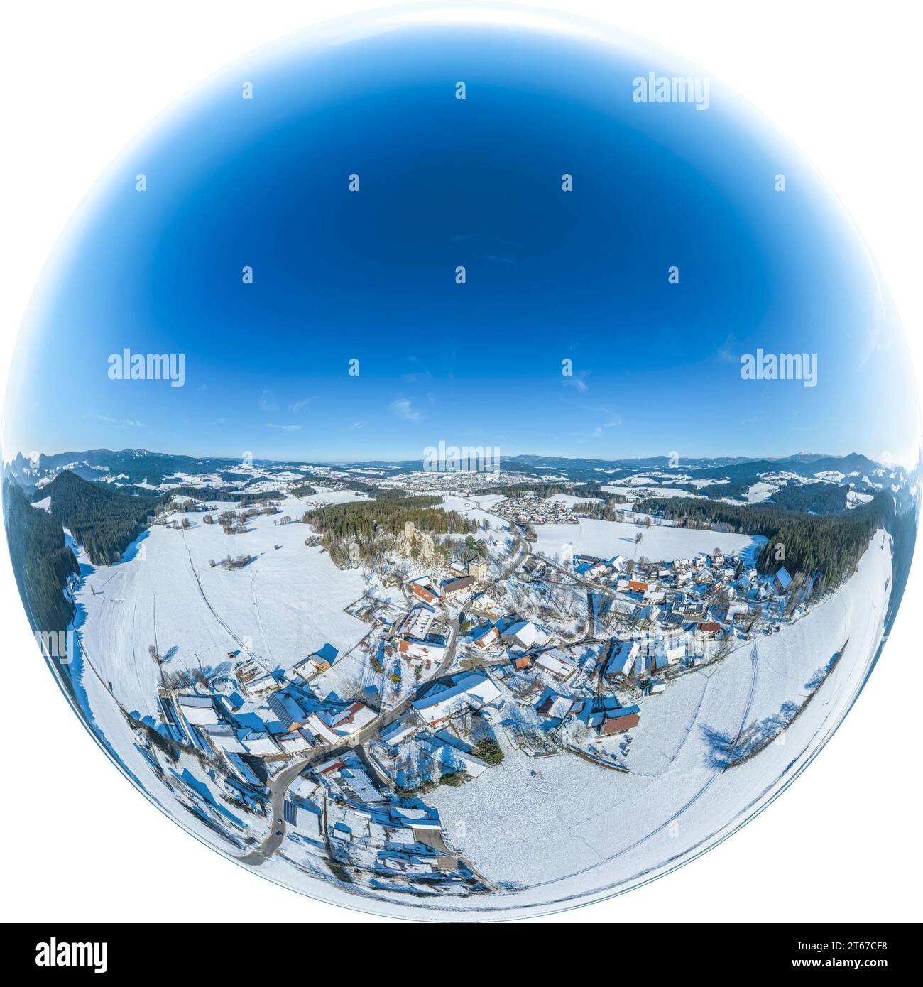 Aerial view to the beautiful wintry nature around the old castle of ...